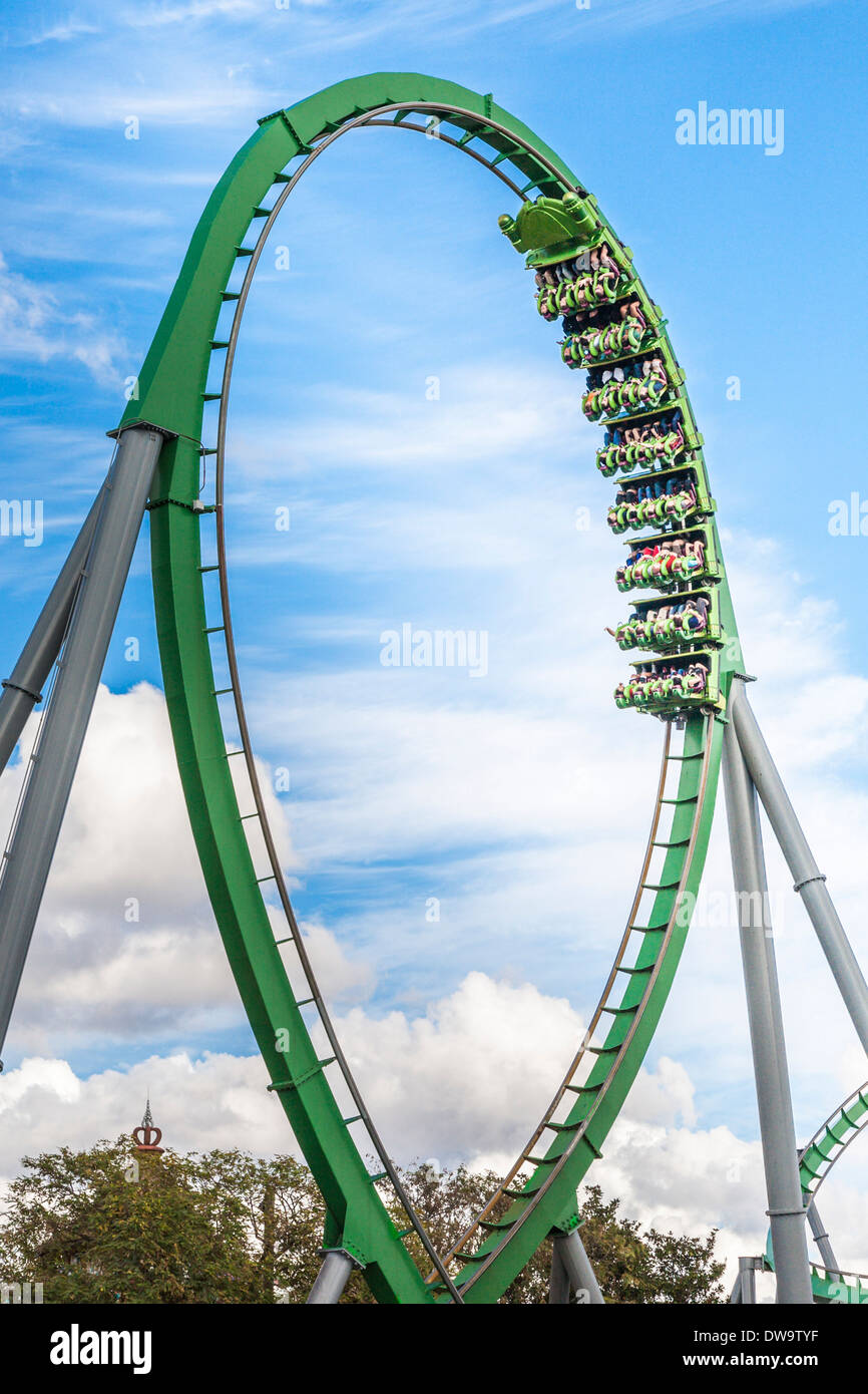 Park guest riding the Incredible Hulk Roller Coaster in Marvel Super ...