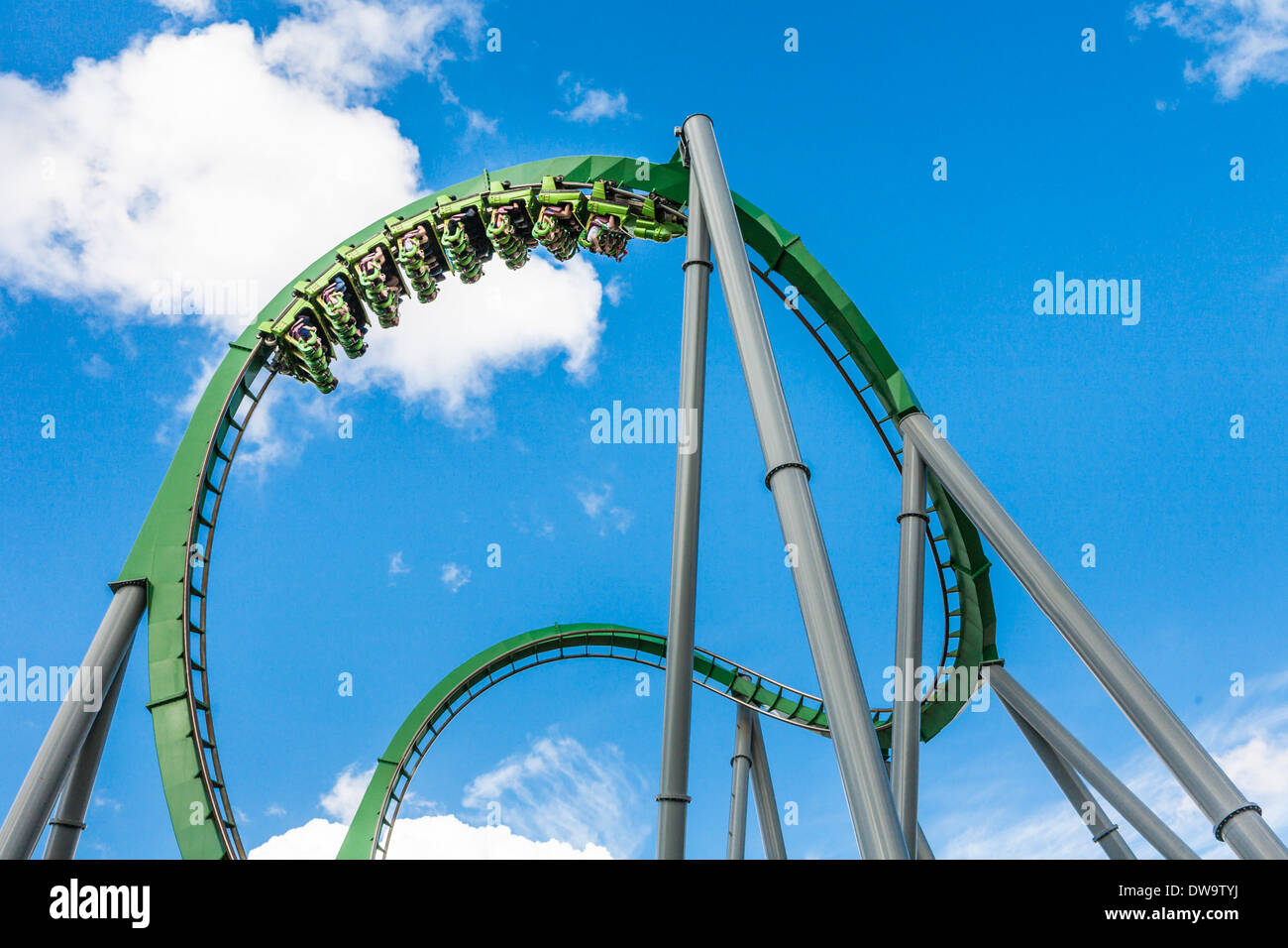Park guest riding the Incredible Hulk Roller Coaster in Marvel Super ...