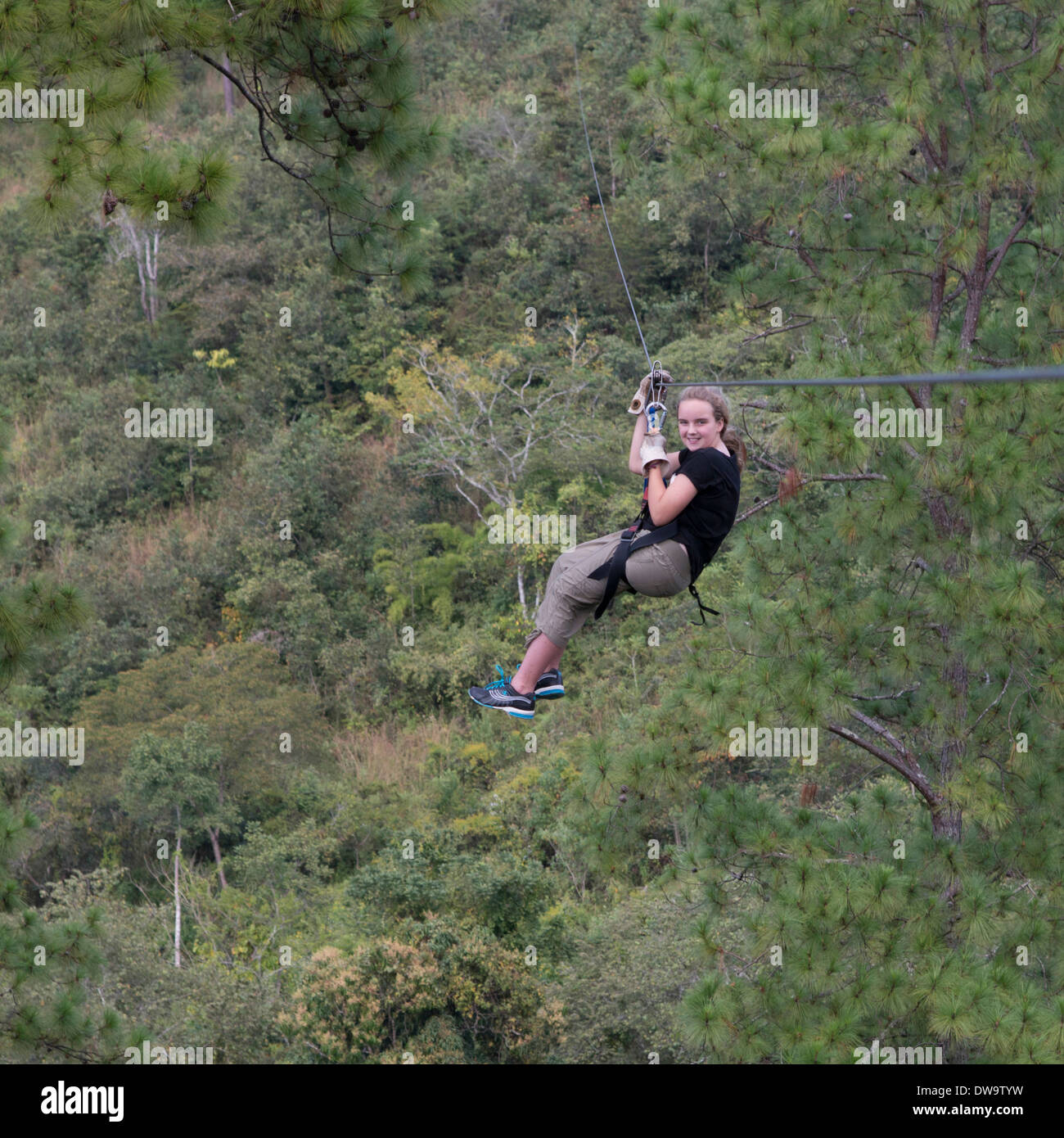 Girl riding a zip line in a forest Copan Copan Ruinas Copan Department ...