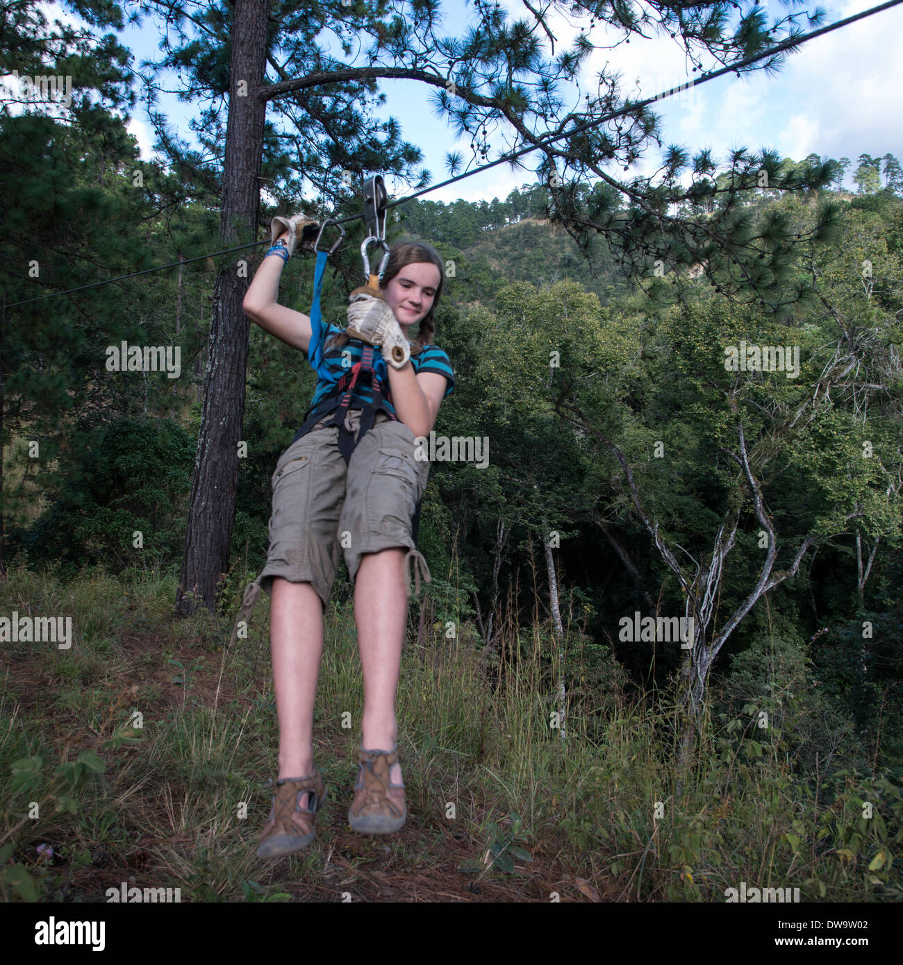 Girl riding a zip line in a forest Copan Copan Ruinas Copan Department ...