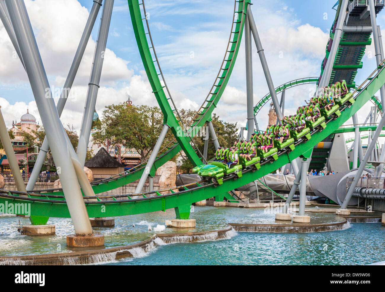Park guest riding the Incredible Hulk Roller Coaster in Marvel Super ...