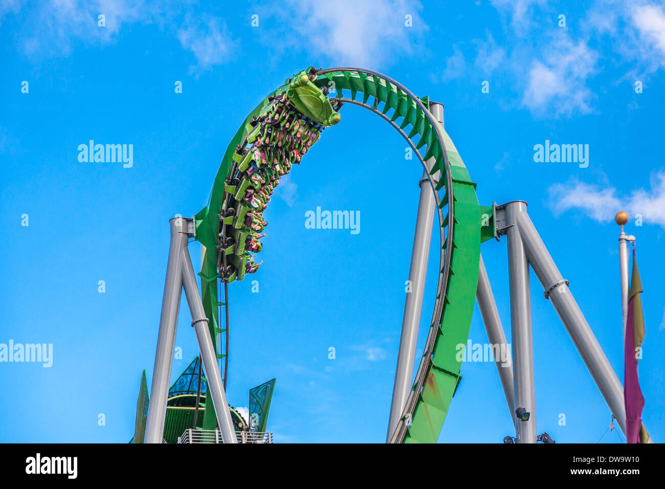 Park guest riding the Incredible Hulk Roller Coaster in Marvel Super ...