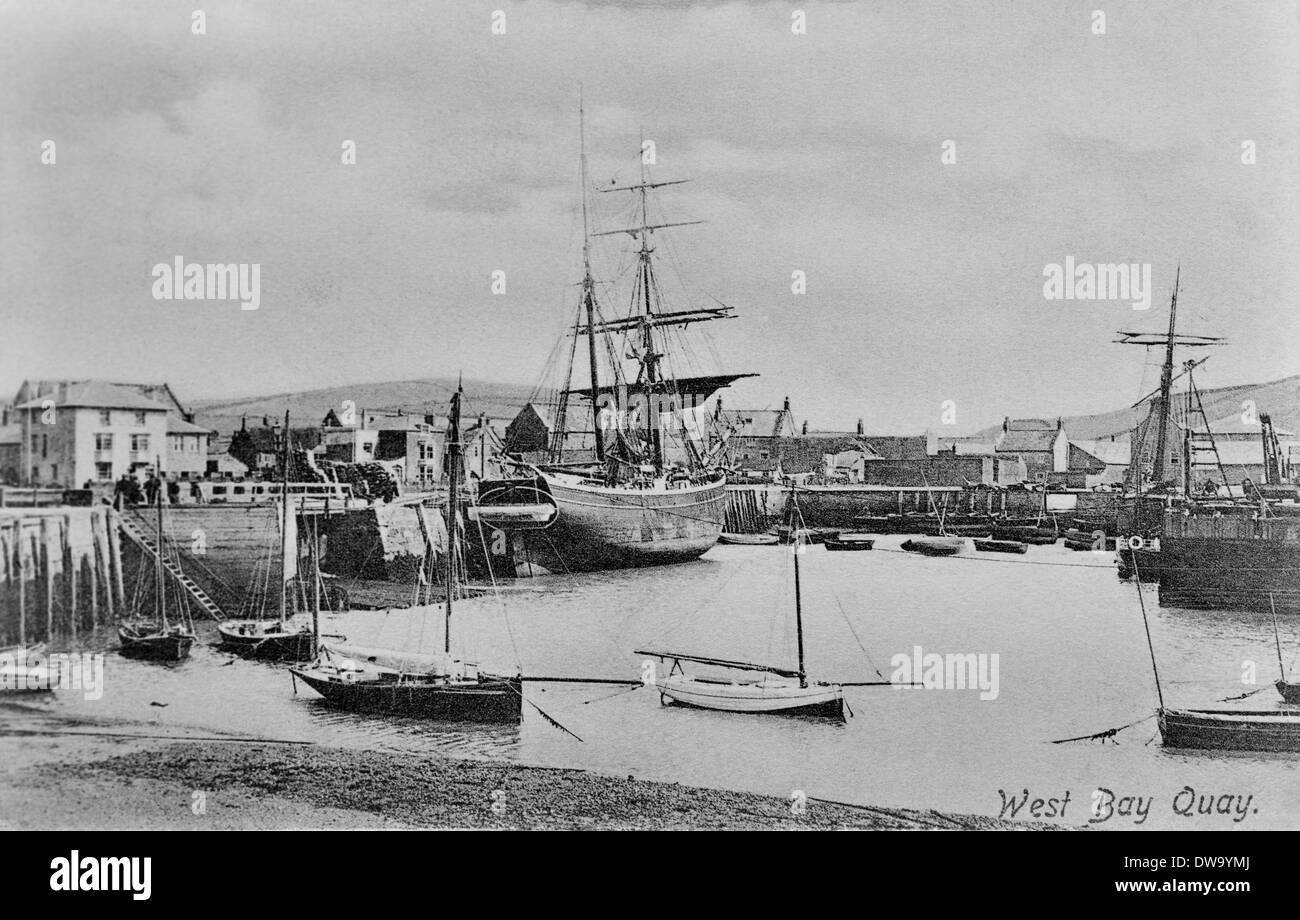 West Bay. Harbour basin with sailing ships unloading goods. circa 1880 ...