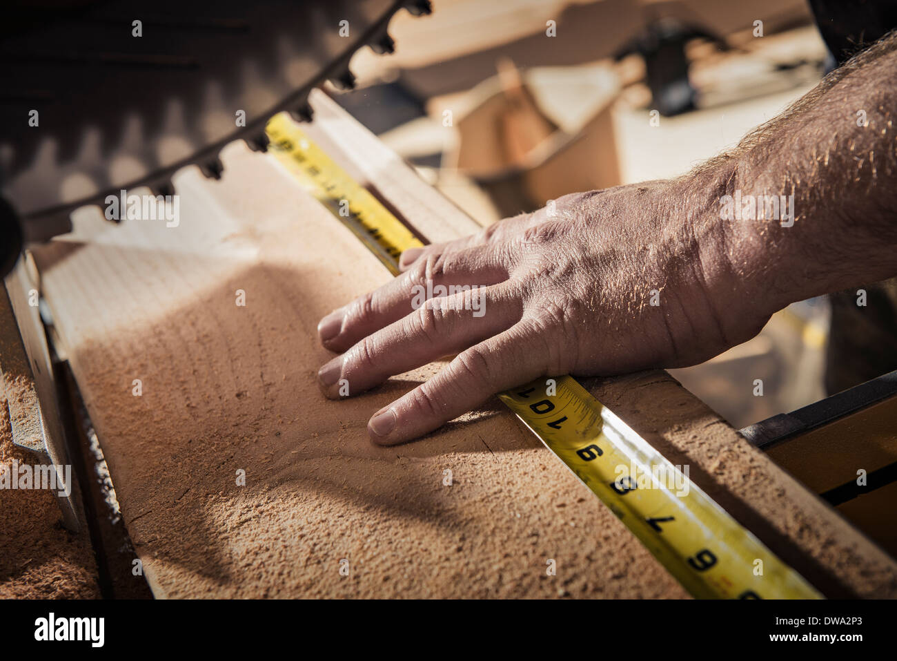 Close up of male carpenter using tape measure in workshop Stock Photo ...