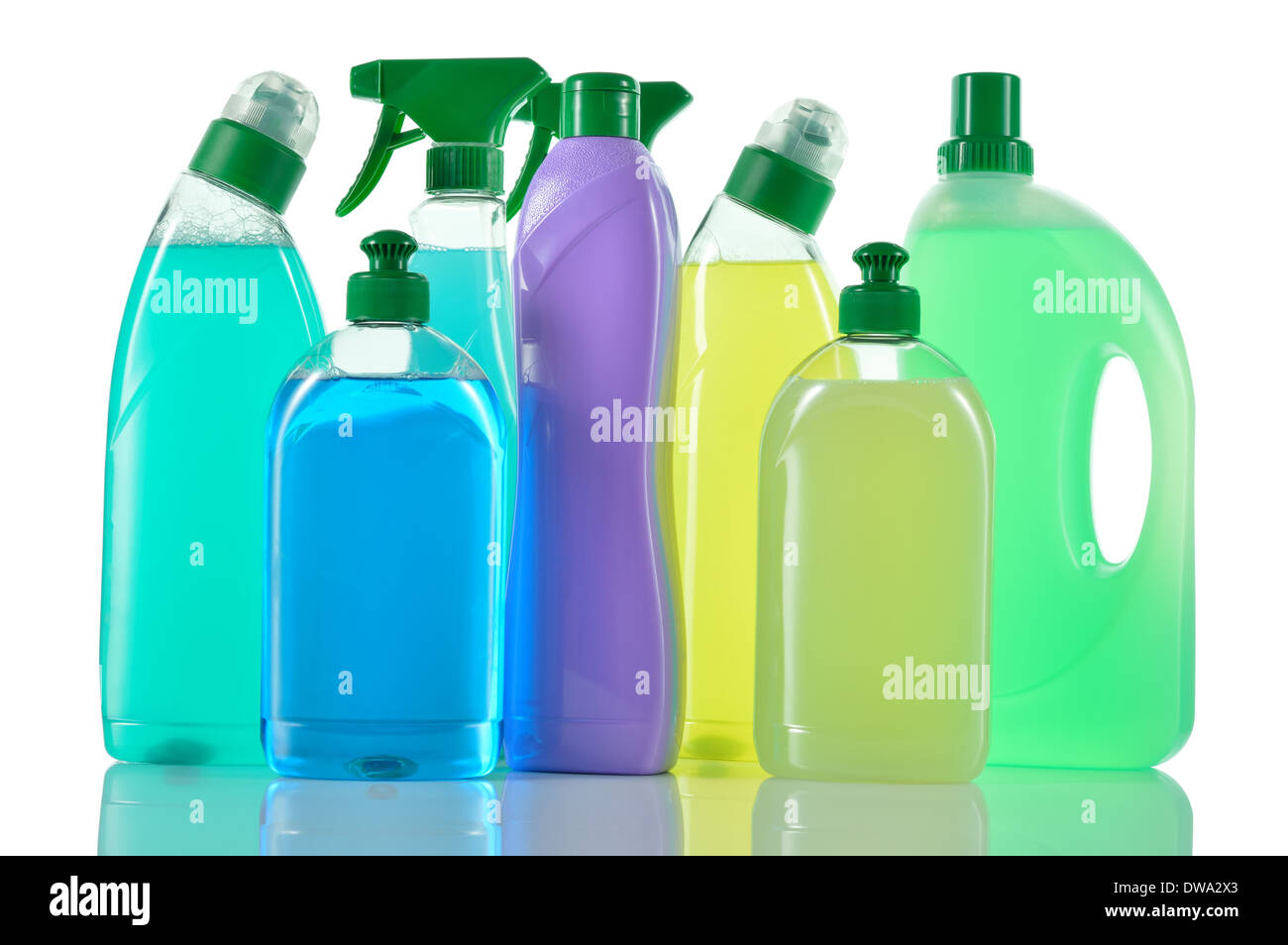 Set of cleaning products. Spray blue Cleaner, WC cleaner, washing ...