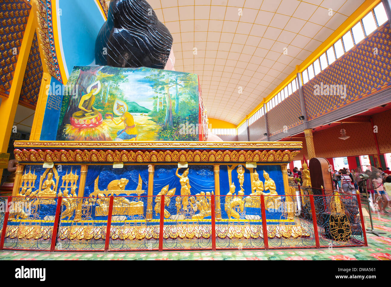 Sleeping buddha statue inside the main temple of chayamangalaram, a ...