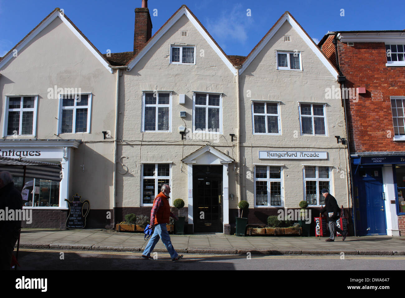 In the English market town of Hungerford, a street view of antique ...