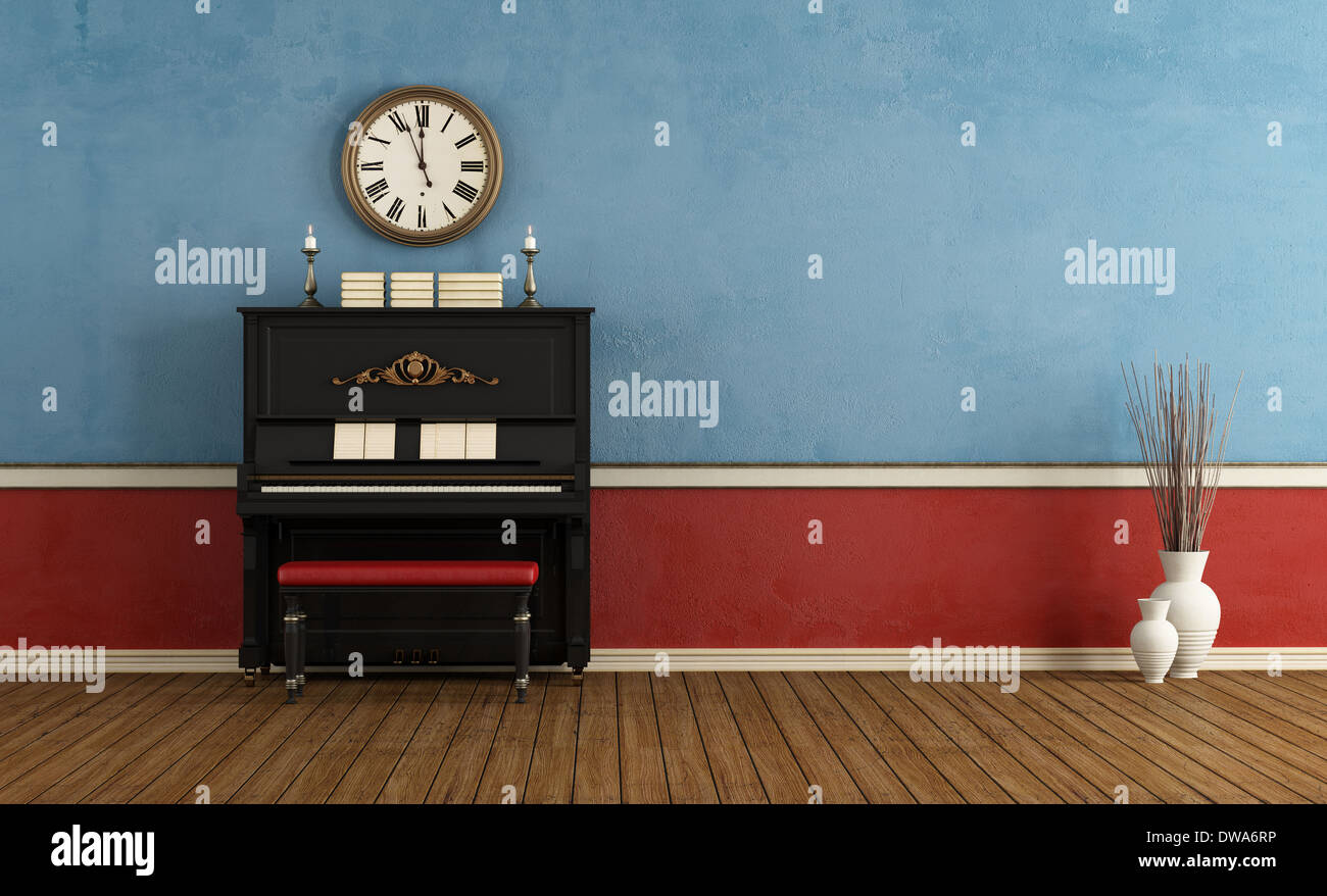Retro music room with black vertical piano - rendering Stock Photo - Alamy