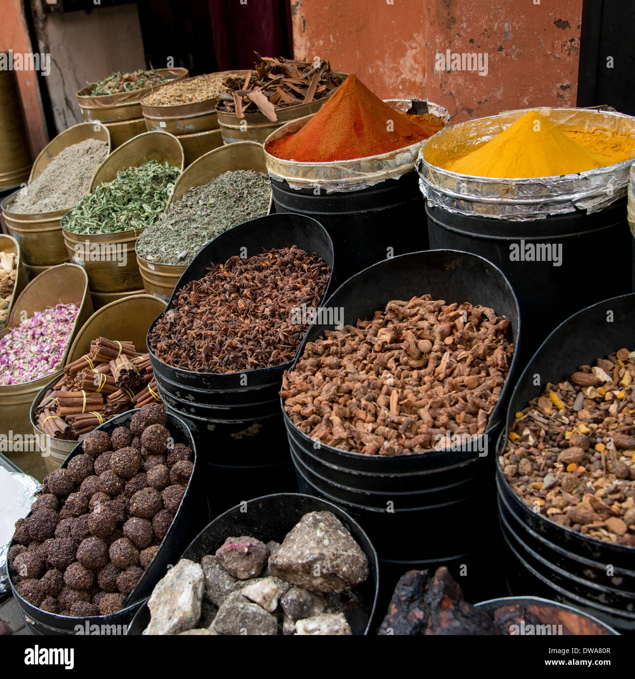 Display of various spices in the spice market, Medina, Marrakesh ...