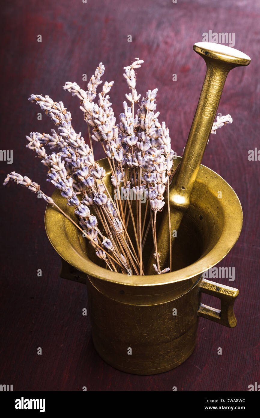 Dry lavender bunch in the copper mortar Stock Photo - Alamy