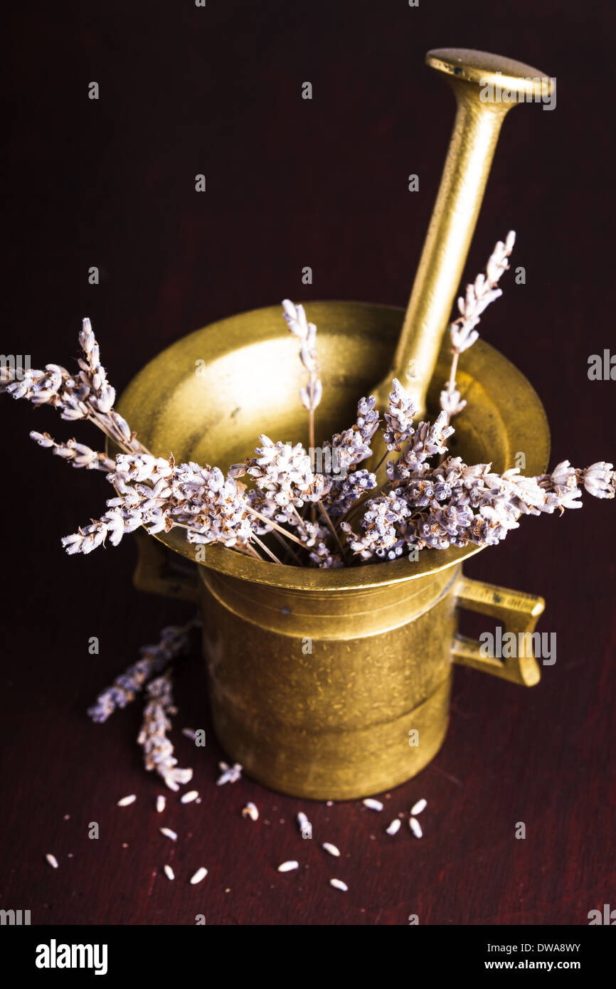 Dry lavender bunch in the copper mortar Stock Photo - Alamy