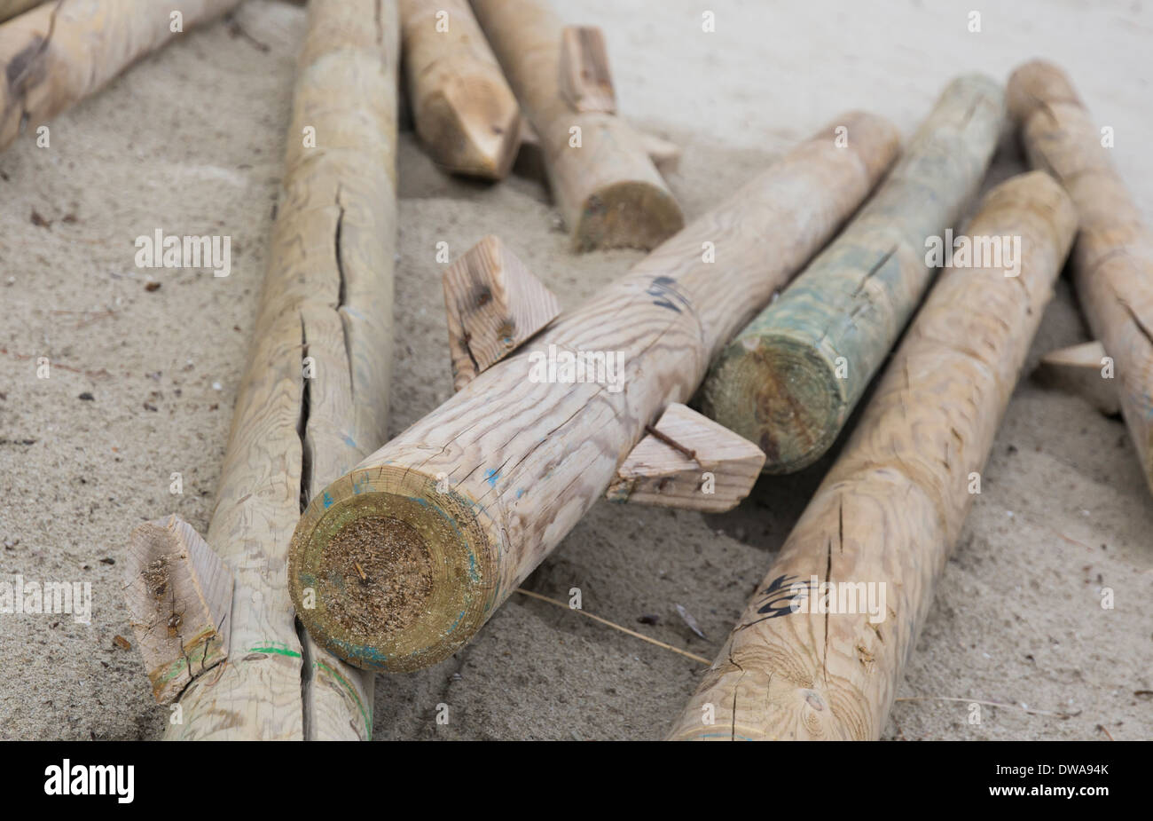 Beach parasol poles, for winter collection. Mallorca, Balearic islands ...