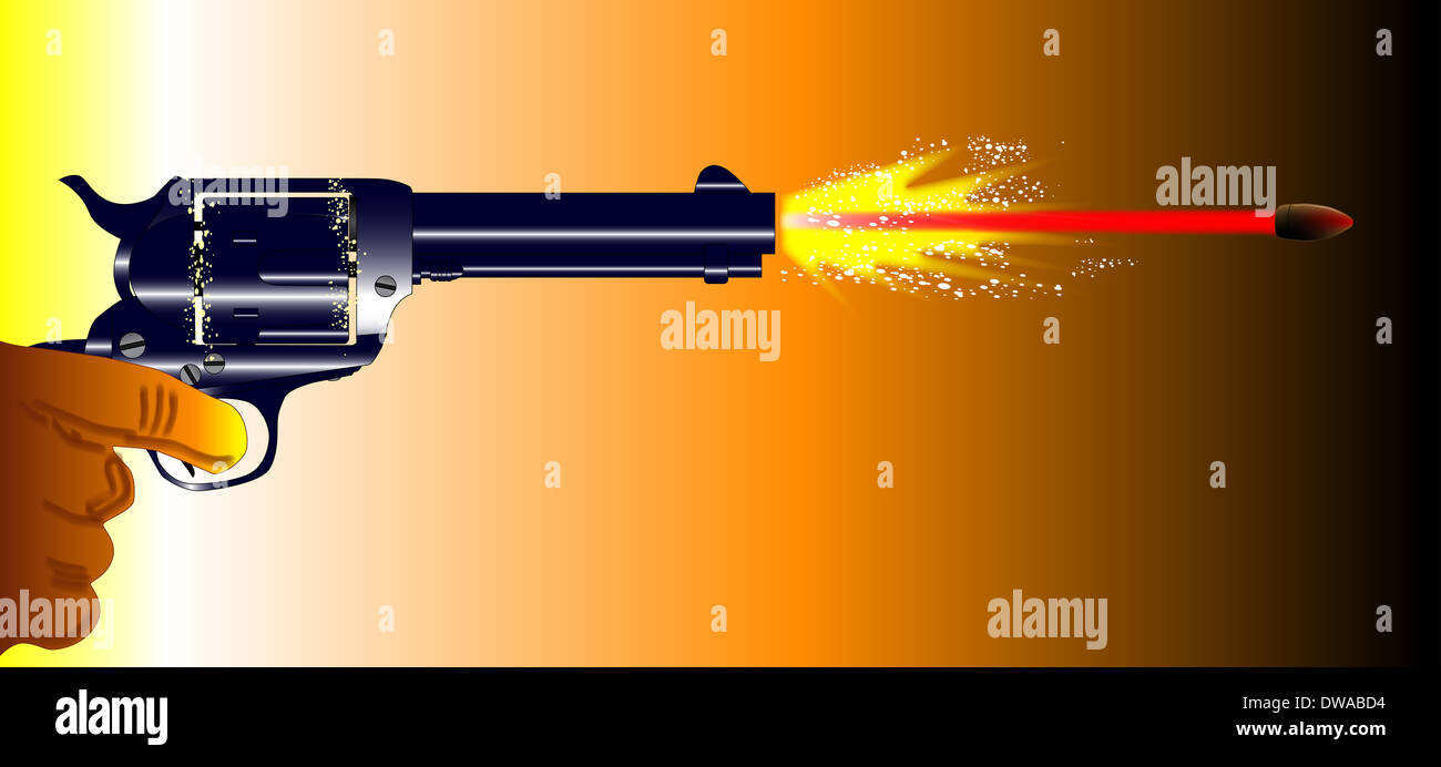 A revolver pistol firing with muzzle flash and speeding bullet Stock ...