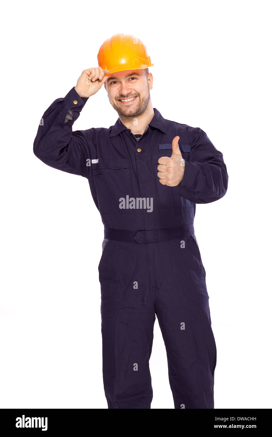 portrait of the builder with visiting card on a white background Stock ...
