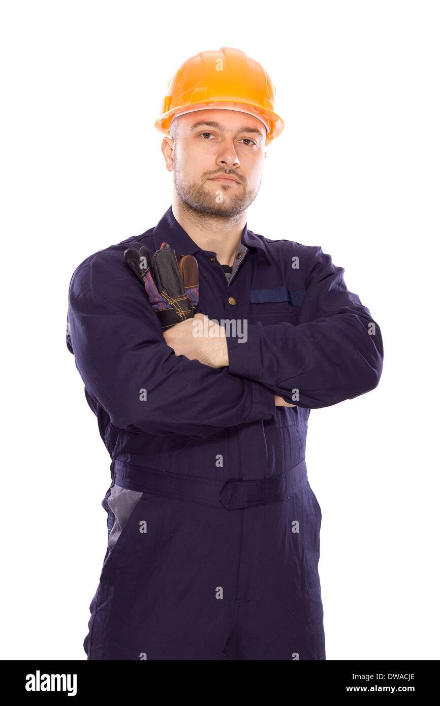 portrait of the builder with visiting card on a white background Stock ...