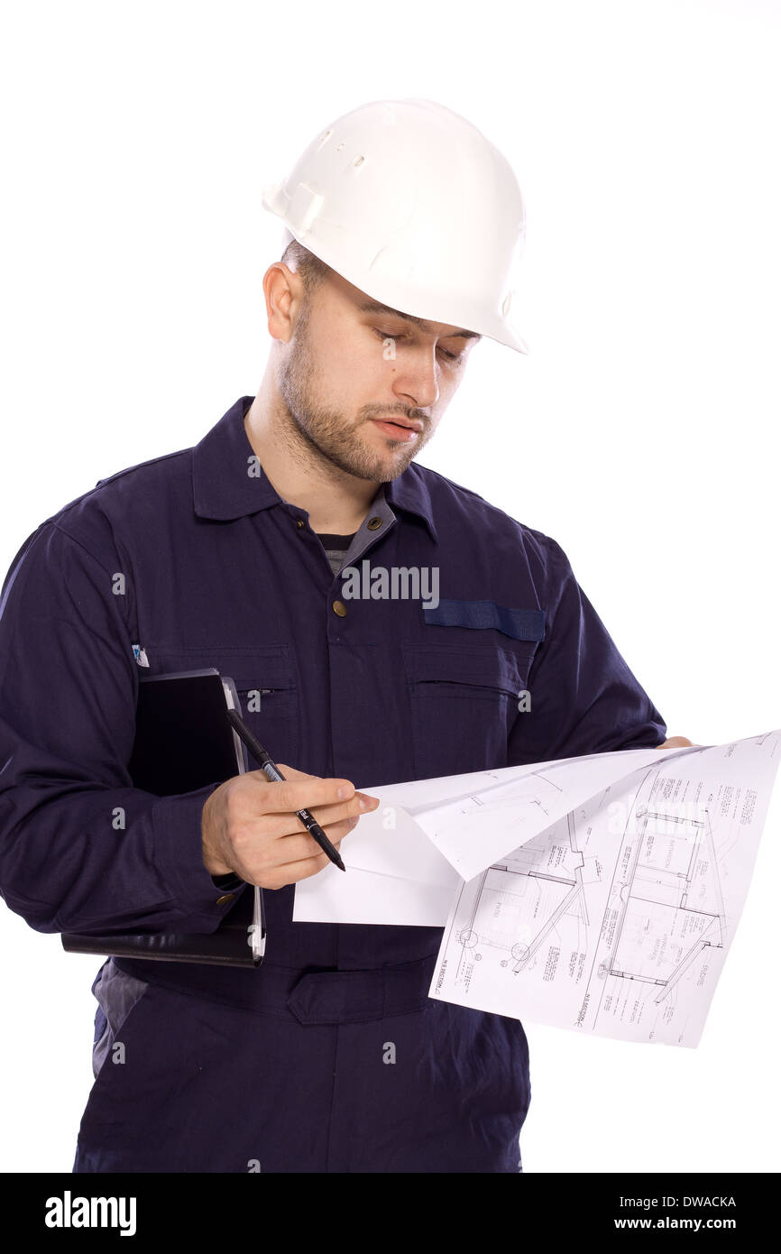 portrait of the builder with visiting card on a white background Stock ...