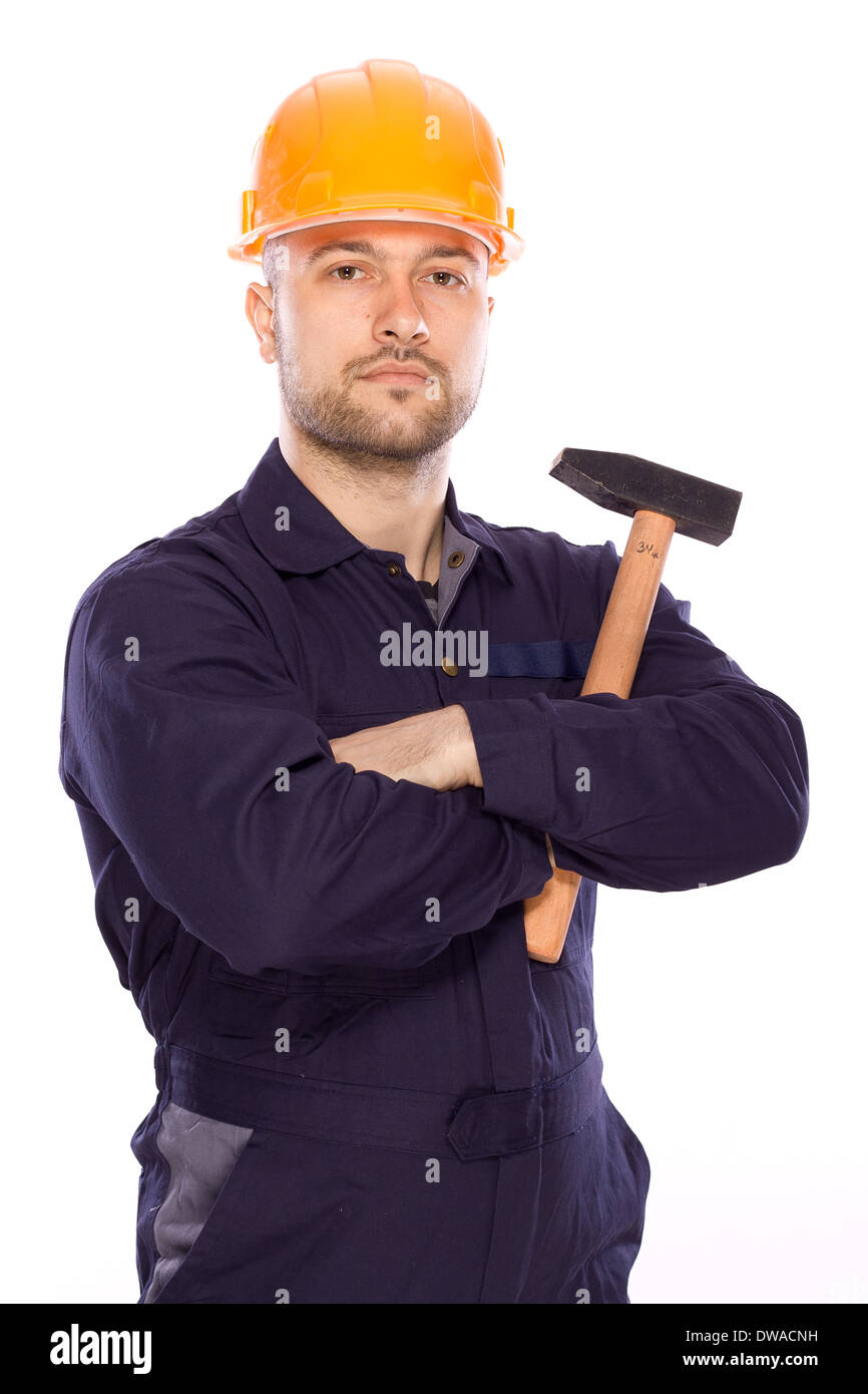 portrait of the builder with visiting card on a white background Stock ...