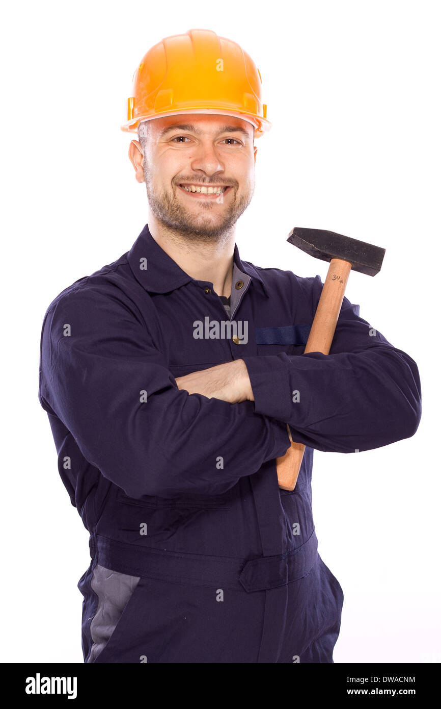 portrait of the builder with visiting card on a white background Stock ...