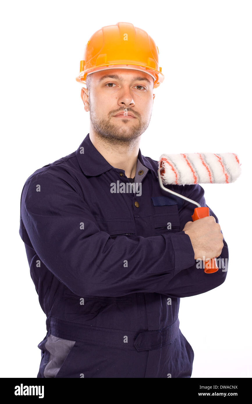 portrait of the builder with visiting card on a white background Stock ...