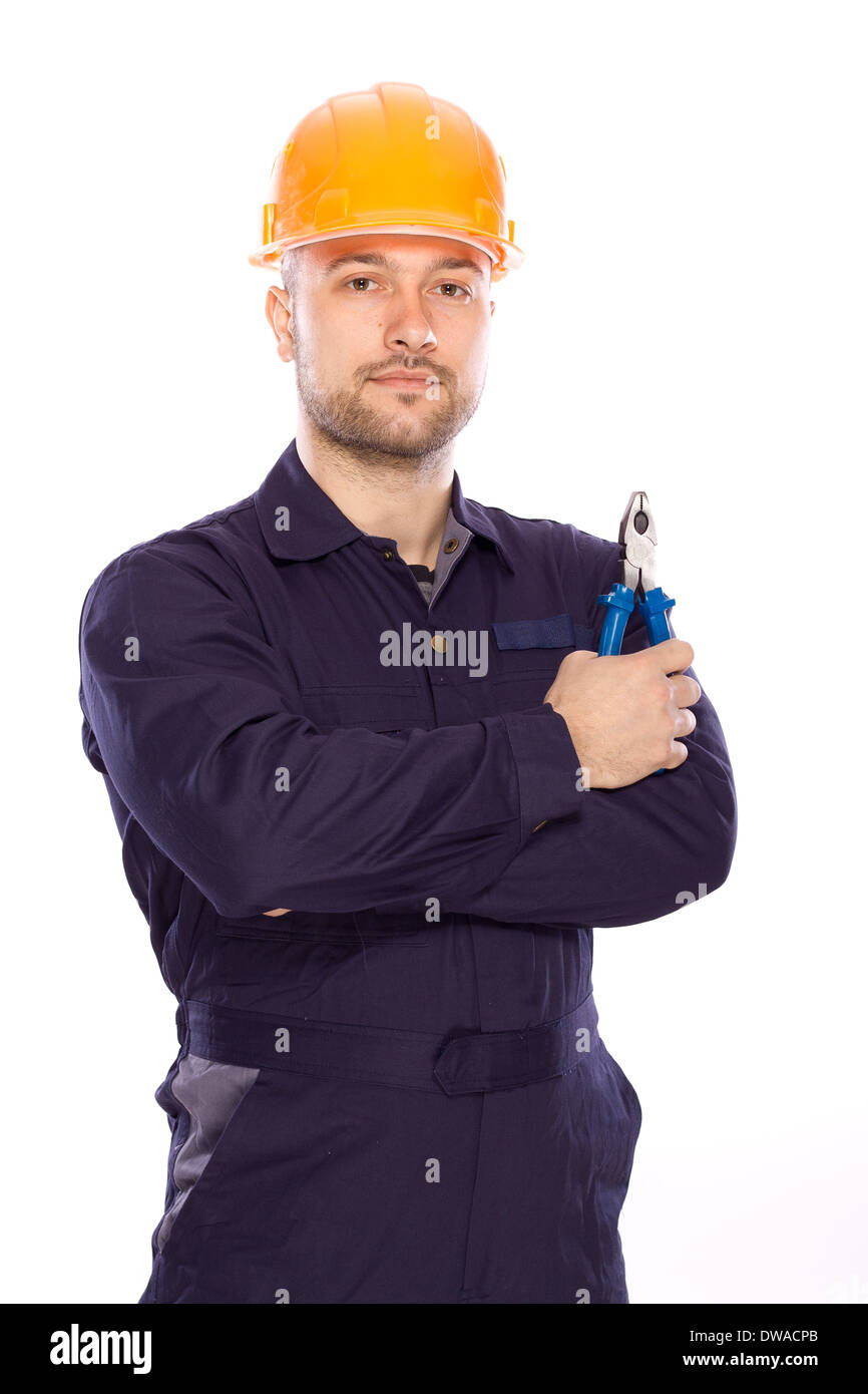 portrait of the builder with visiting card on a white background Stock ...