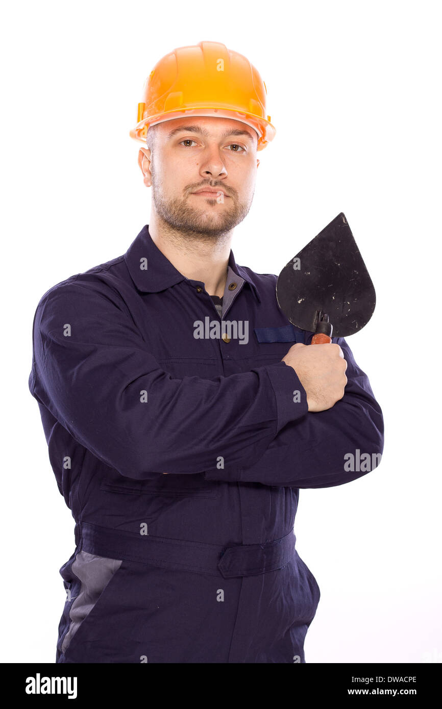 portrait of the builder with visiting card on a white background Stock ...