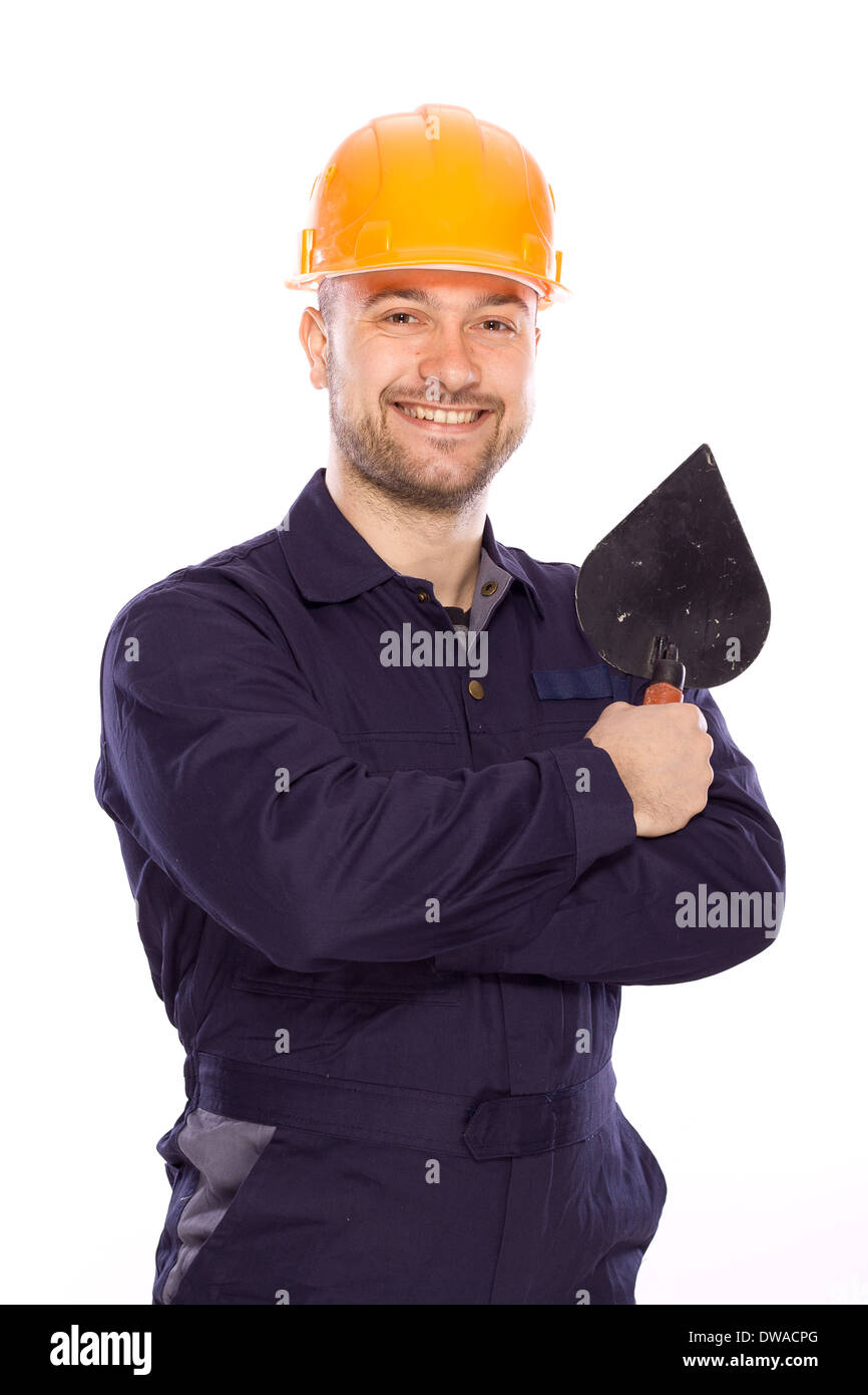 portrait of the builder with visiting card on a white background Stock ...
