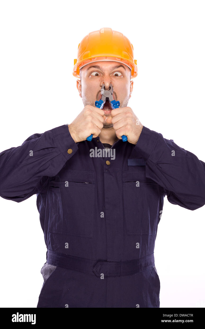 portrait of the builder with visiting card on a white background Stock ...