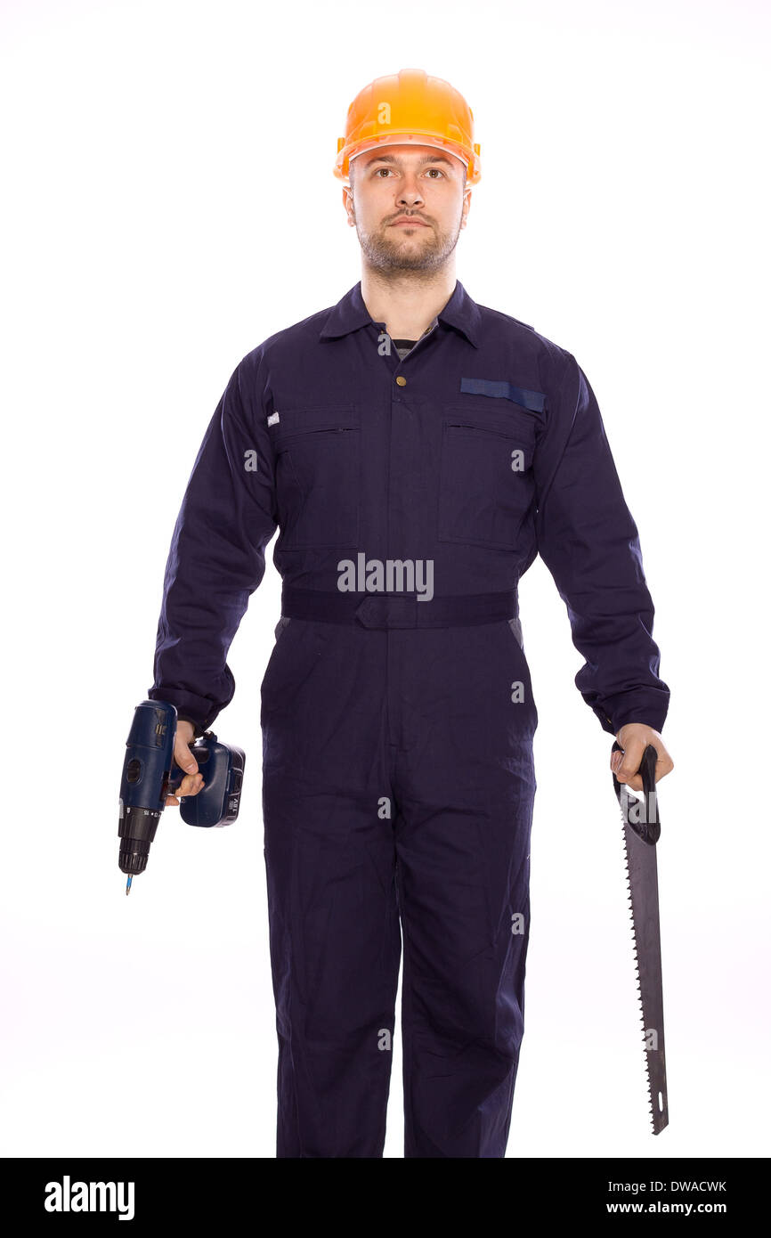 portrait of the builder with visiting card on a white background Stock ...