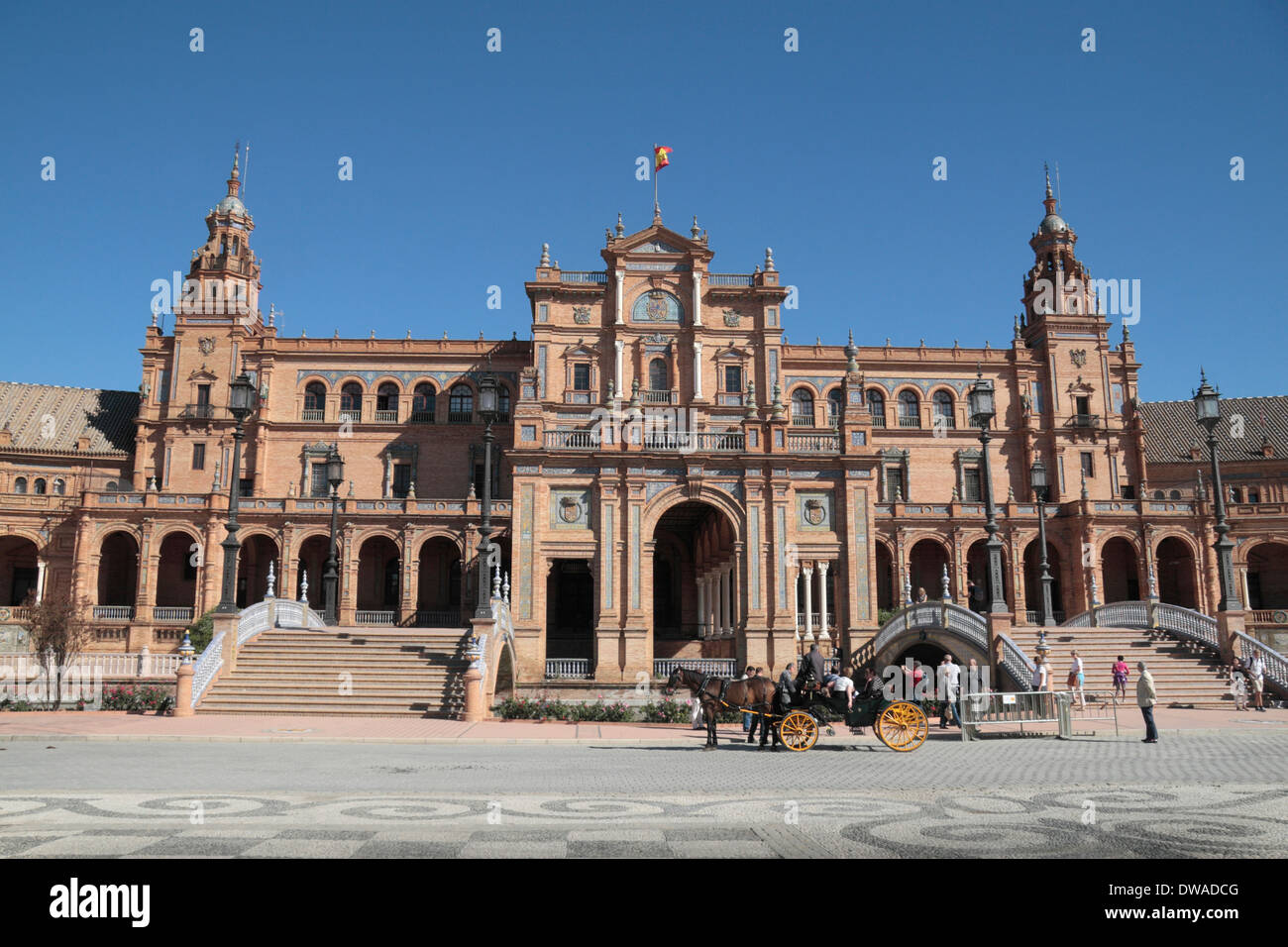 View of the pavilion building with arched bridges in Plaza de España ...