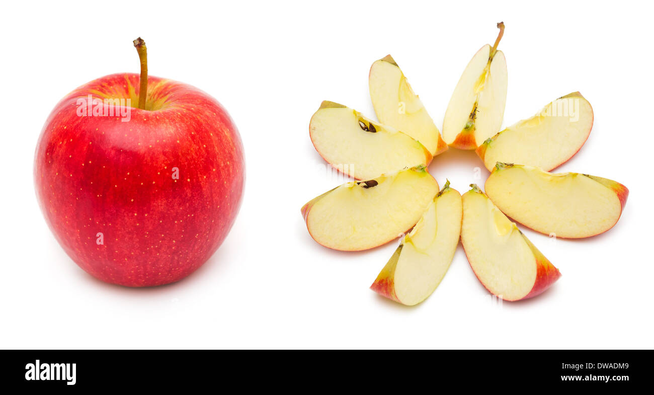 Whole and sliced red apple, showing pips, and core. Isolated on white ...