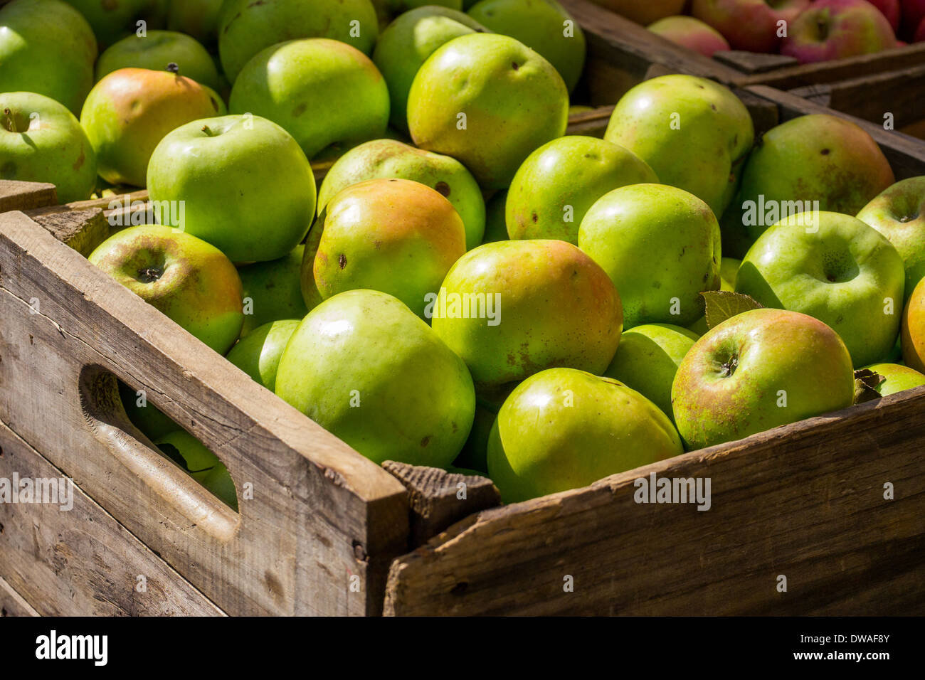 Apples in a wooden crate at a farmers market Stock Photo - Alamy