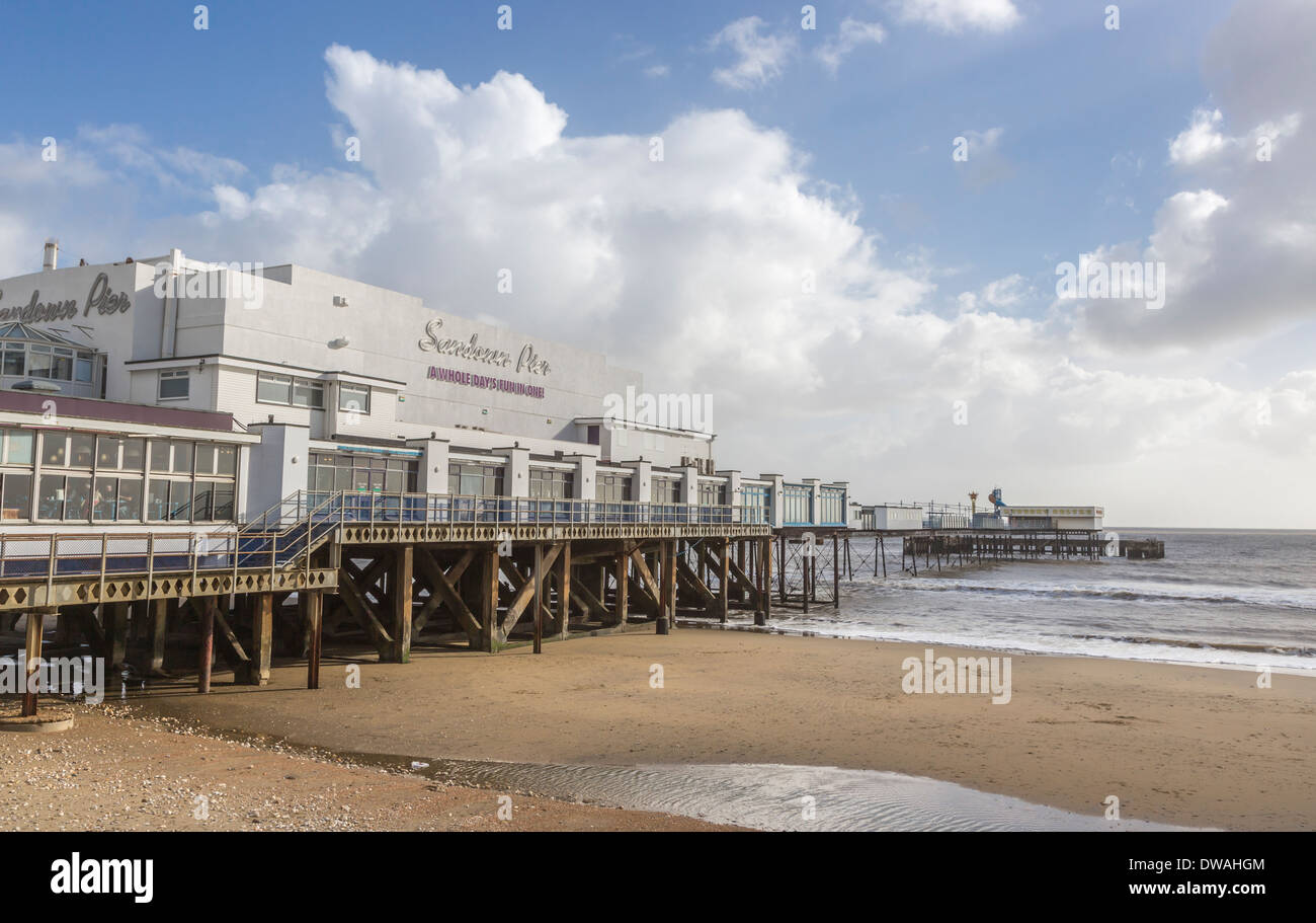Sandown beach and Pier, Sandown, Isle of Wight, UK, blues sky and white ...