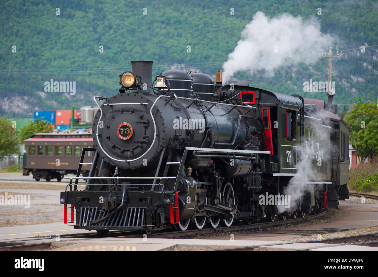 Train with historic steam engine number 73 leaving Skagway, Alaska ...