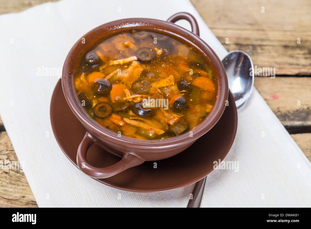 Traditional Russian meat soup with salty cucumbers Stock Photo - Alamy