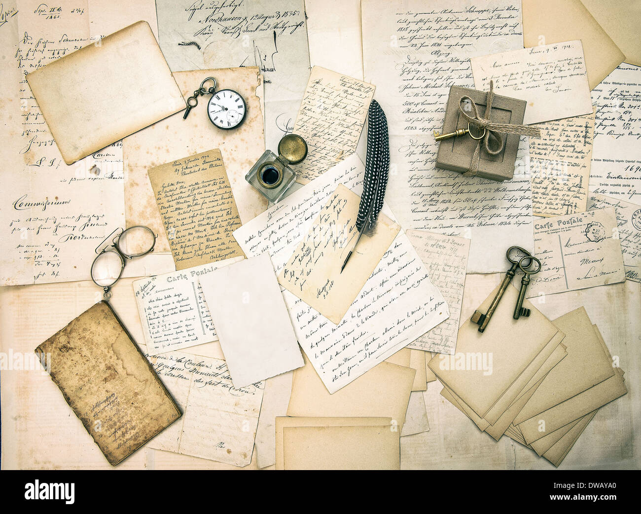 old letters and postcards, vintage accessory and antique book. retro ...