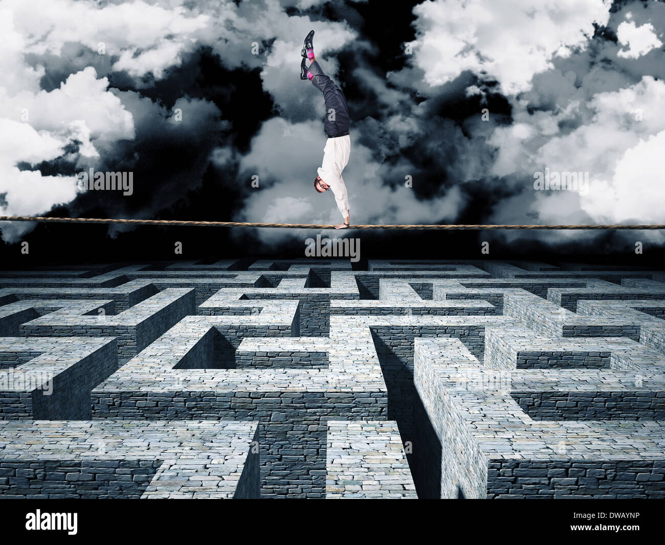 acrobat businessman on rope with 3d maze background Stock Photo - Alamy