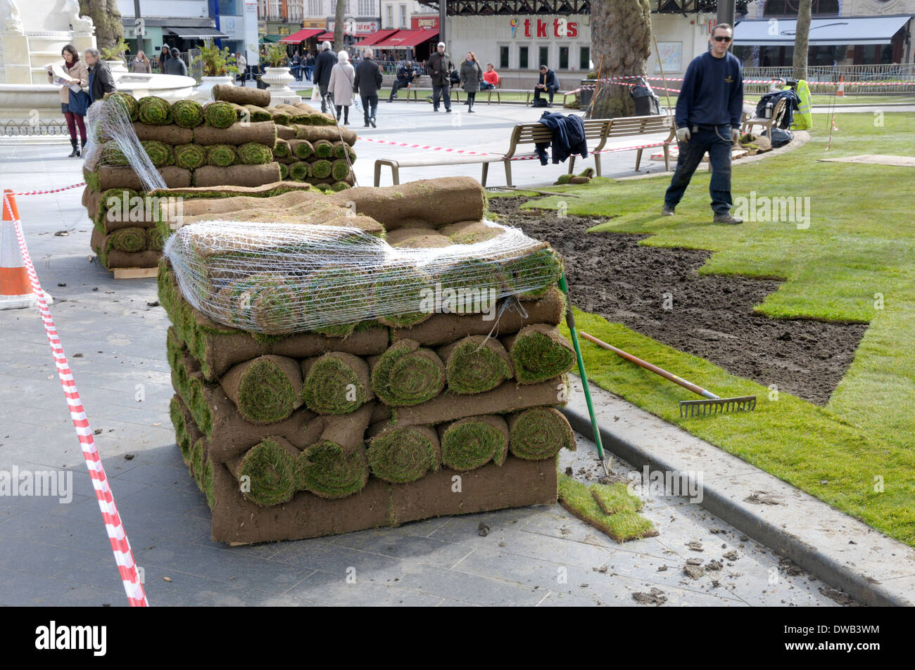 London, England, UK. Laying new turf in Leicester Square (March 2014 ...