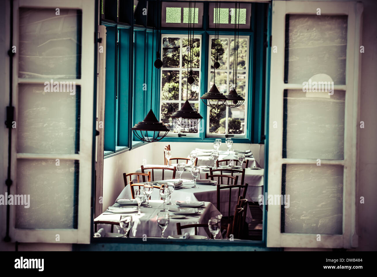 Modern restaurant interior with scenic city view Stock Photo - Alamy