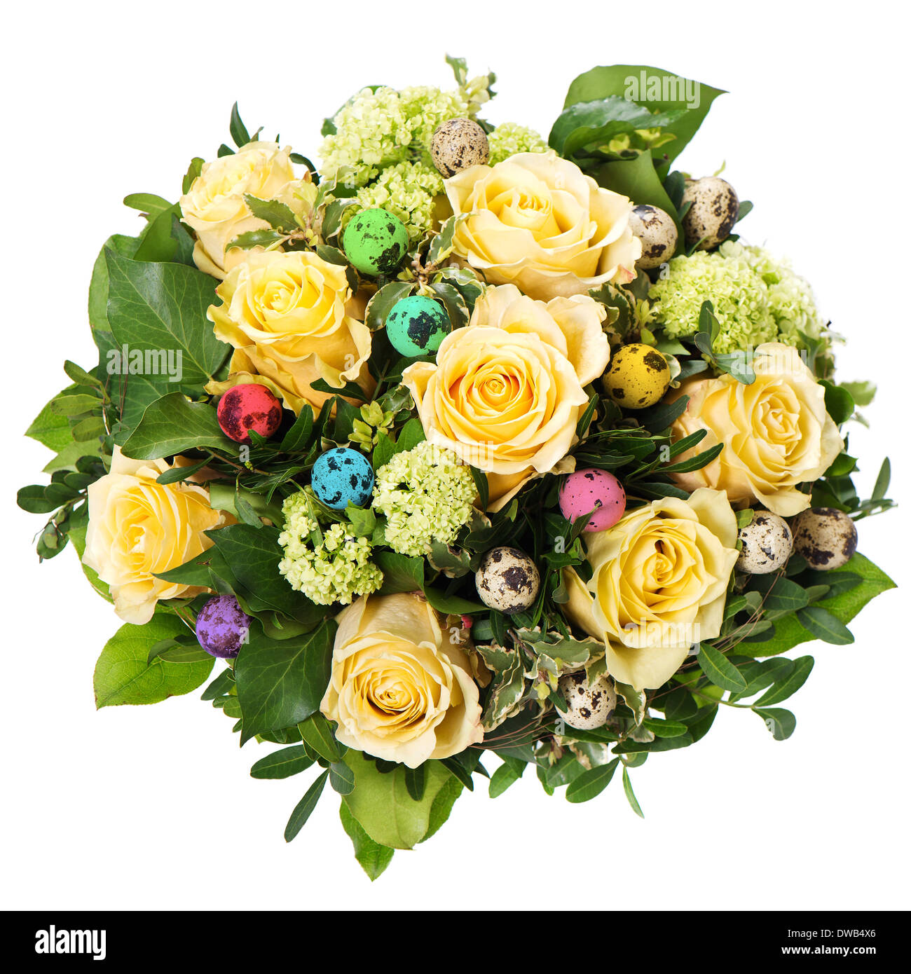 Easter roses bouquet with colored eggs isolated on white background ...