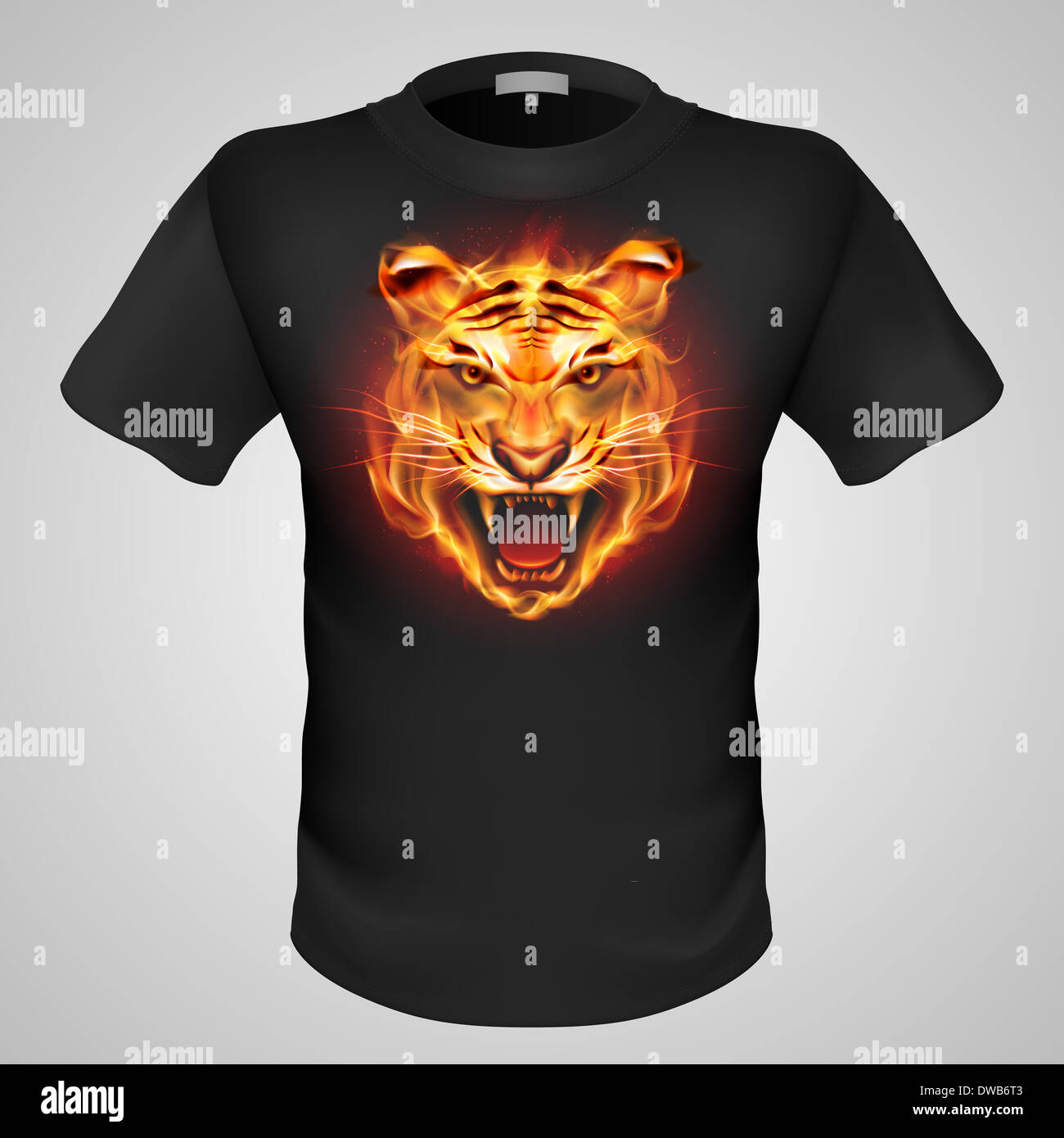 Black male t-shirt with fiery tiger print on grey background Stock ...
