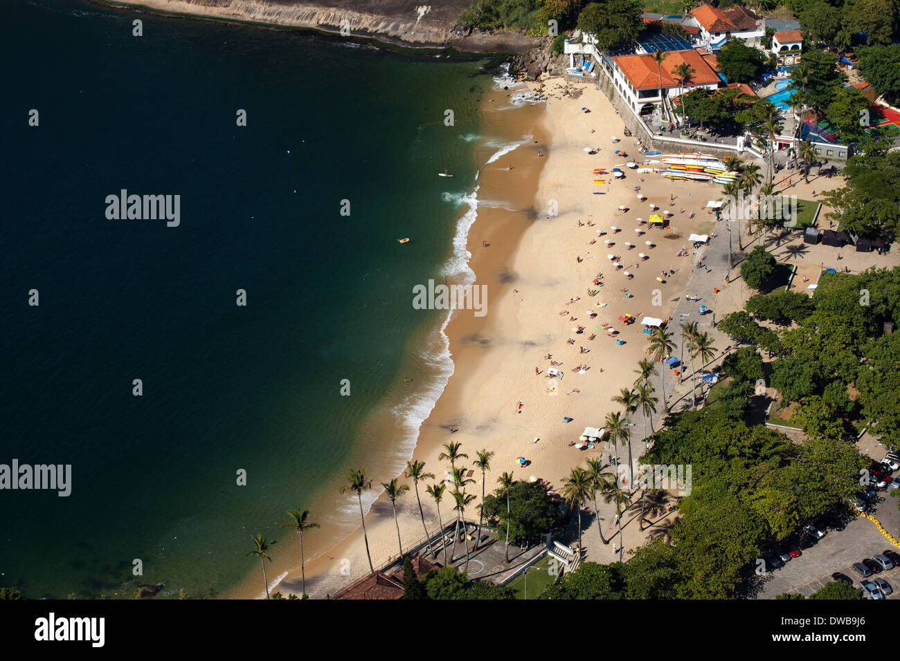 Aerial view of Urca beach and neighborhood homes, Rio de Janeiro ...