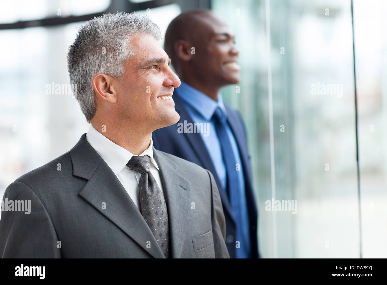 two happy businessmen looking out the window Stock Photo - Alamy