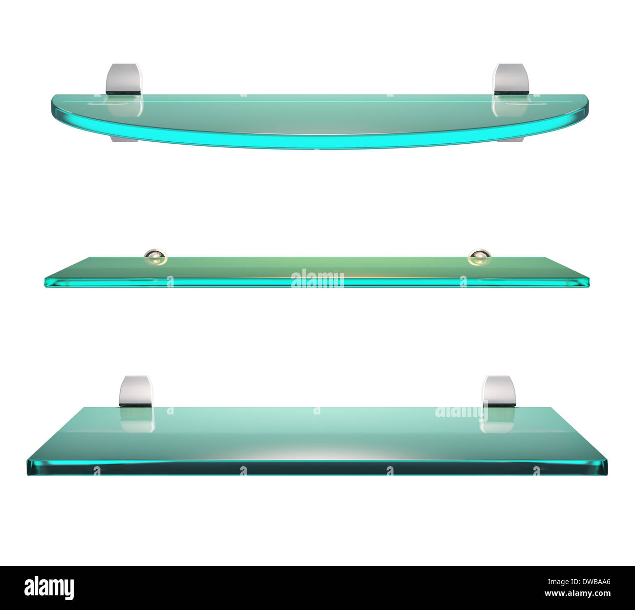 Empty glass shelf set - isolated on white background Stock Photo - Alamy