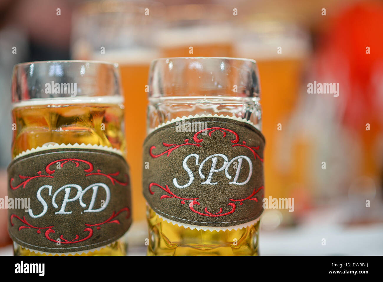 The pint glasses of the SPD's leadership stand, decorated with SPD ...