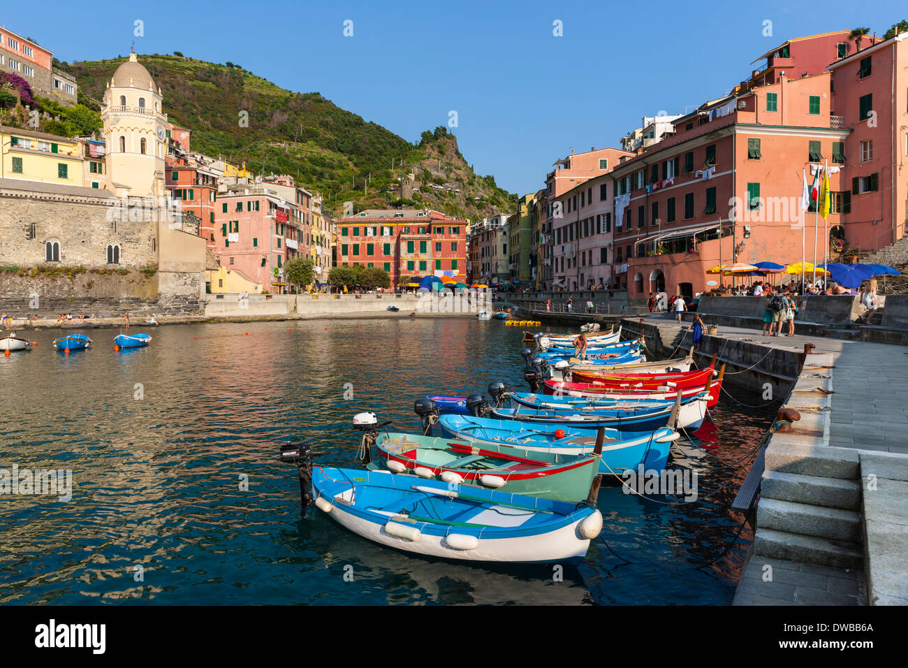 Italy, Liguria, Cinque Terre, Harbour of fishing village Vernazza Stock ...