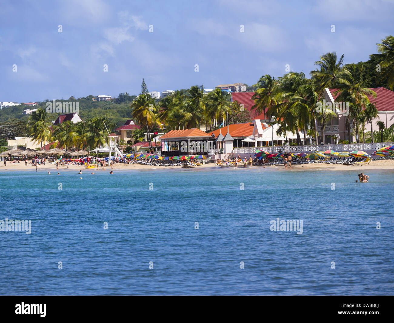 Caribbean, Lesser Antilles, Saint Lucia, Rodney Bay, beach with luxury ...