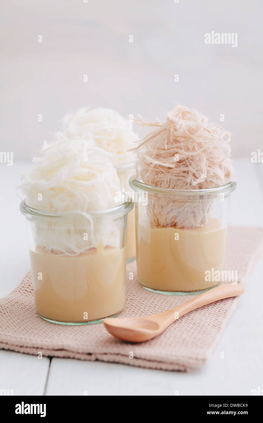 Caramel flan garnished with Turkish fairy floss Pashmak Stock Photo - Alamy