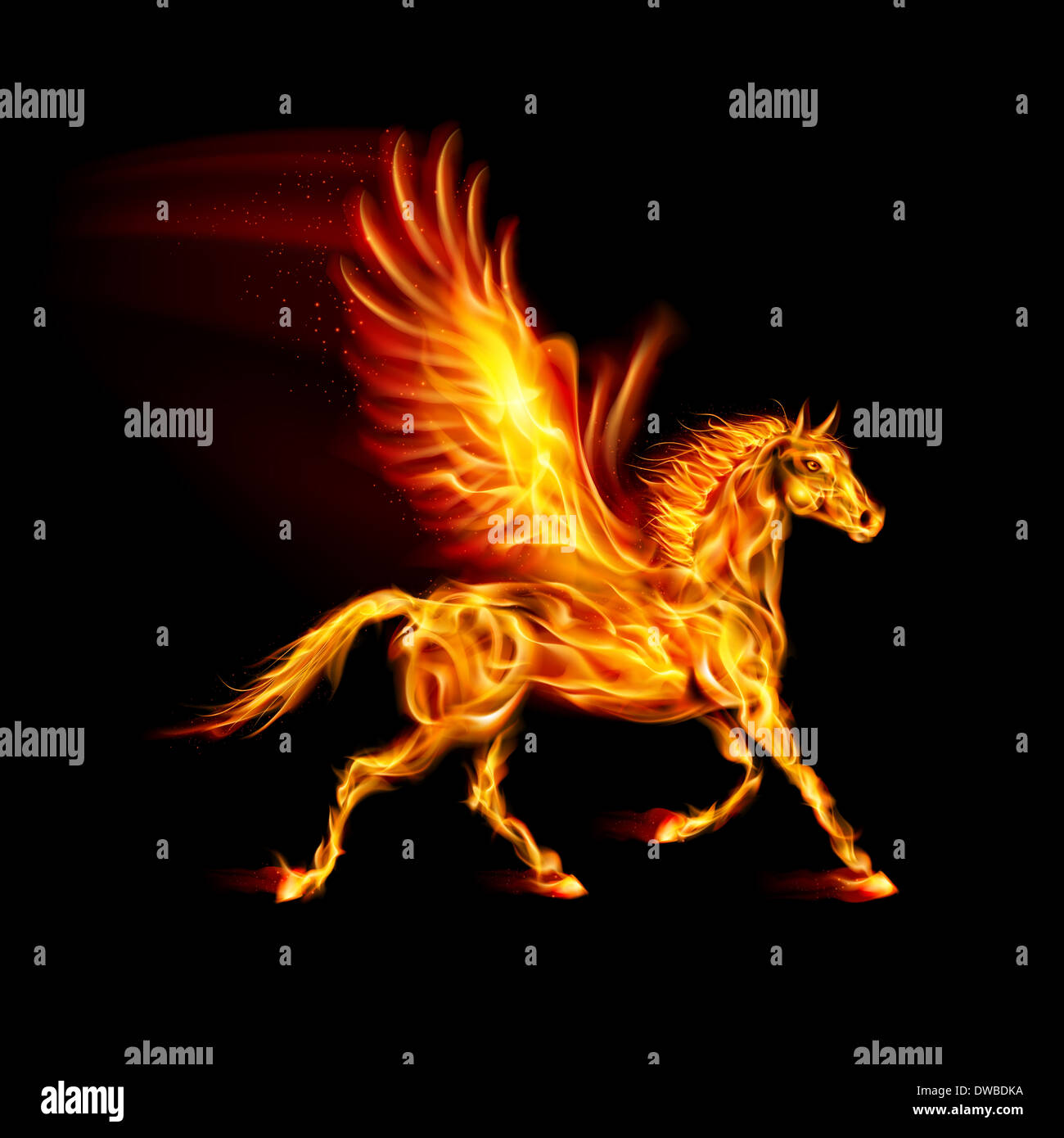 Fire Pegasus in motion on black background Stock Photo - Alamy