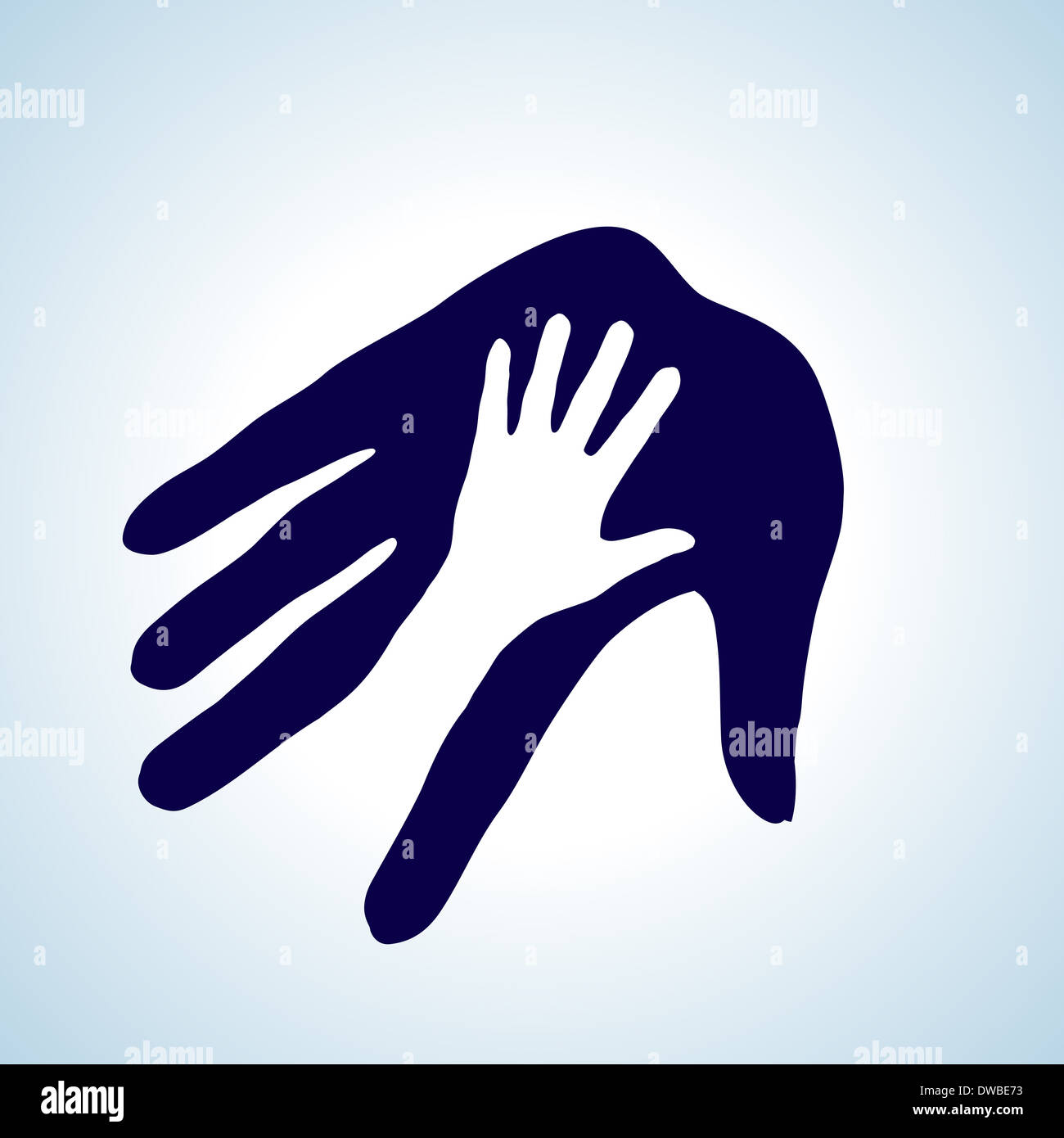 Hand in hand illustration in white and blue. Help, assistance and ...