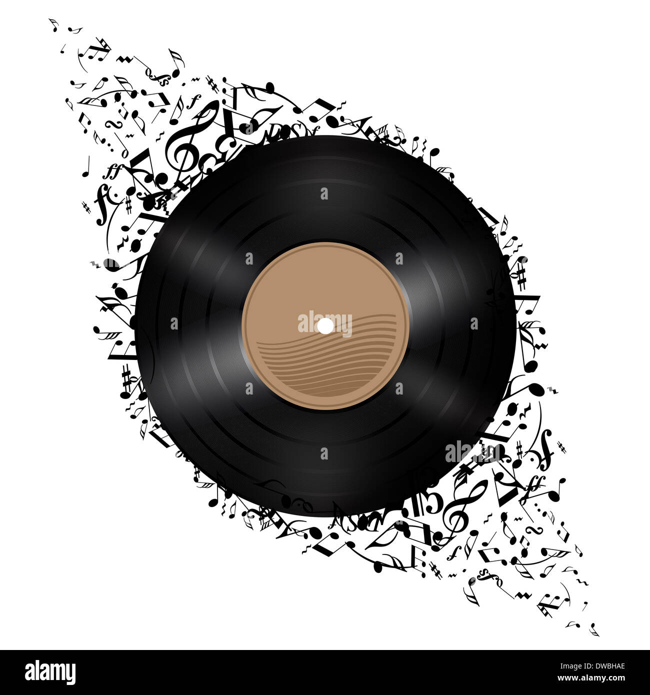 Vinyl disc with music notes flying out. Illustration on white ...